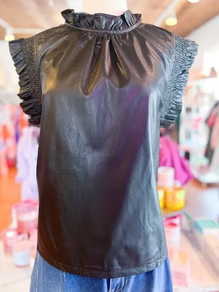 Black Faux Leather Ruffle Sleeve | Vive Salon & Boutique
